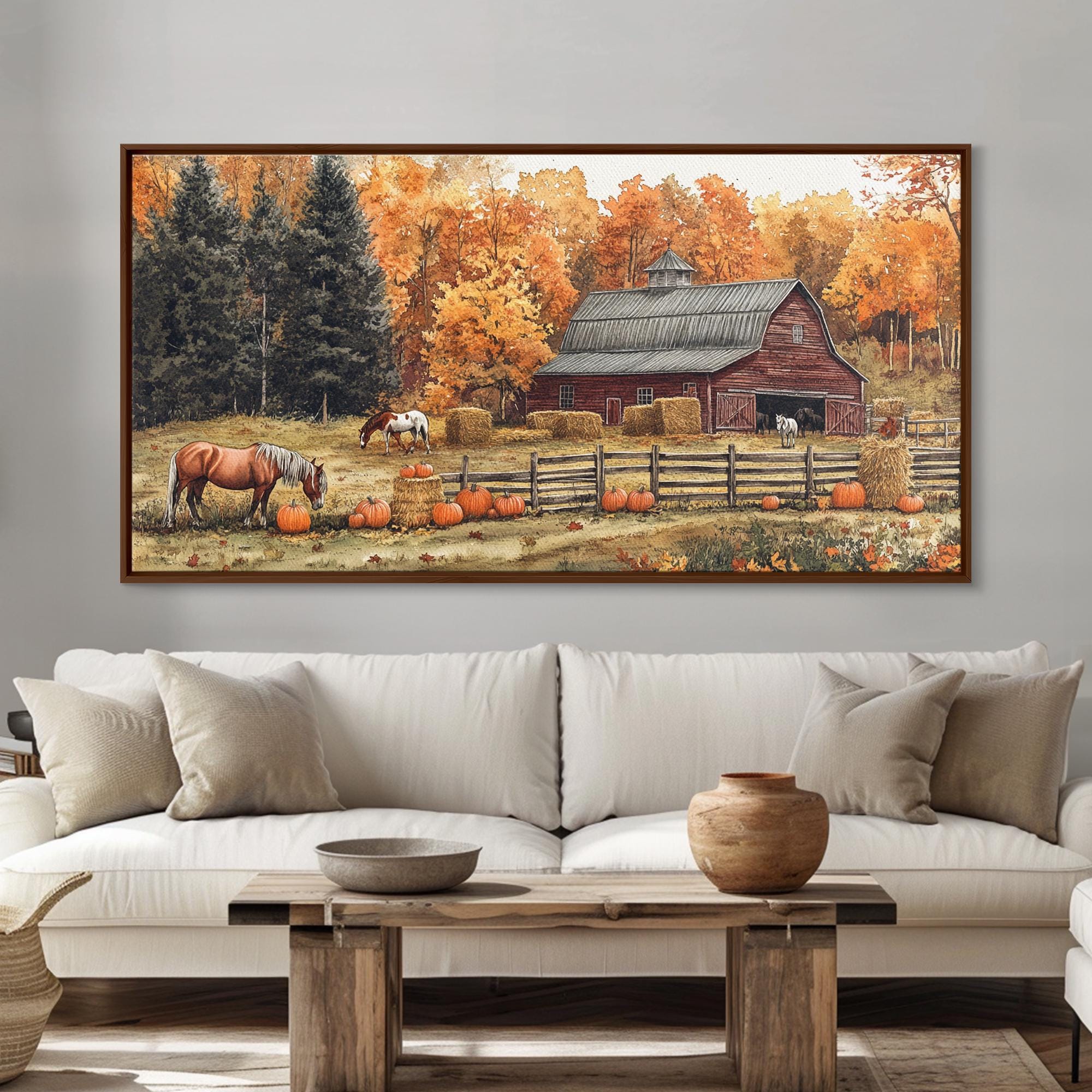 Autumn Barn Pumpkin Horses Canvas Print Farmhouse Fall Decor Seasonal ...