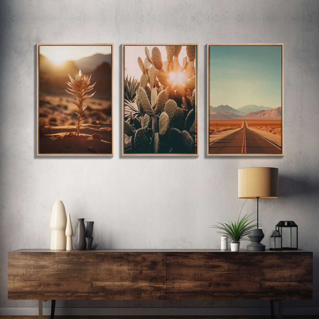 3 Piece Triptych Framed Canvas Wall Art Set of 3 Cactus Desert Landscape Arizona Road ...