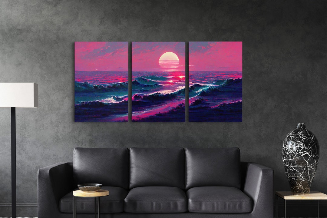 Outrun Style Synthwave Sunset Ocean Waves 3 Piece Wall Art - Etsy