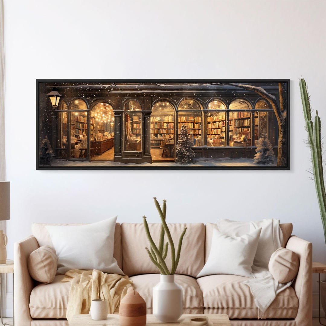 Victorian Library in the Winter, Framed Panoramic Canvas Print, Extra ...