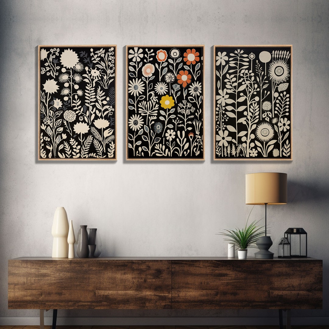 Boho Style Framed Wall Art 3 Panel Set, Abstract Floral Botanical ...