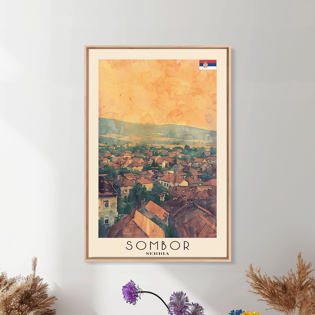 Sombor Serbia Travel Poster Framed Canvas Print, Watercolor Painting ...