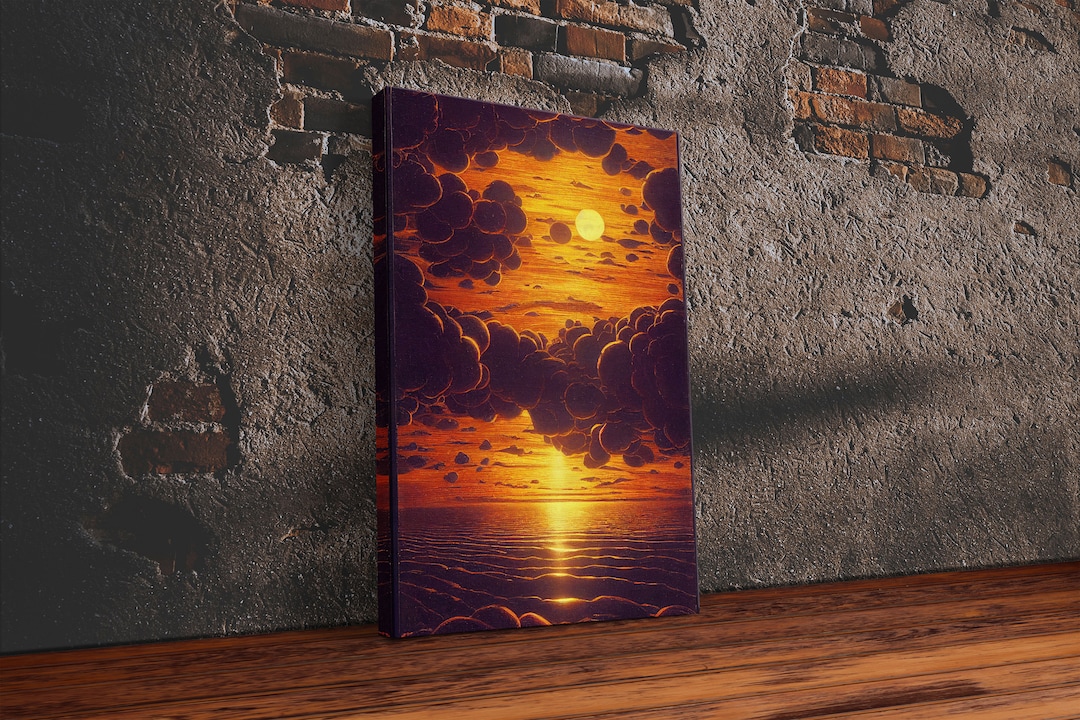 Orange Sunset, Psychedelic Sepia Sunset Art, Framed Canvas Print, Ready ...