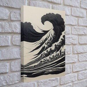 Black and White Tsunami Waves, Japanese Style Art, Framed Canvas Print ...