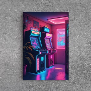 Retrowave Arcade Room, Neon Gamer Art, Framed Canvas Print, Framed Wall ...