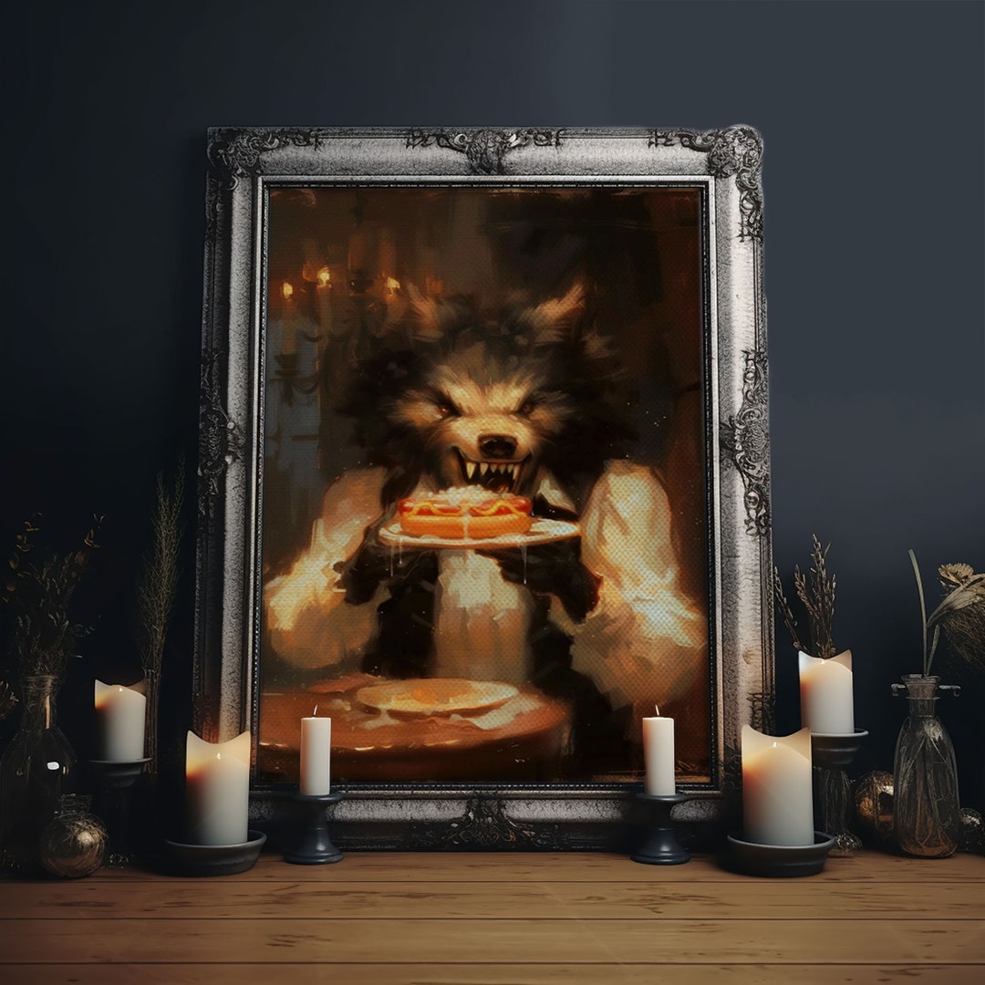 Halloween Werewolf Eating Hotdog, Framed Canvas Print, Wall Art, Spooky ...