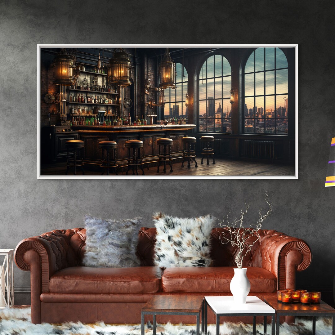 Fall Bar Decor Framed Canvas Print, Oil Painting of A Vintage Bar in an ...