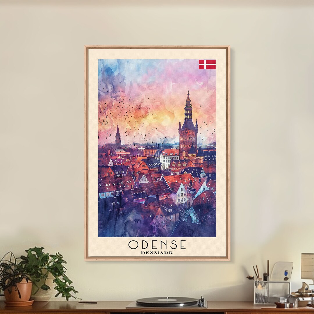 Odense Denmark Travel Poster Framed Canvas Print, Watercolor Painting ...