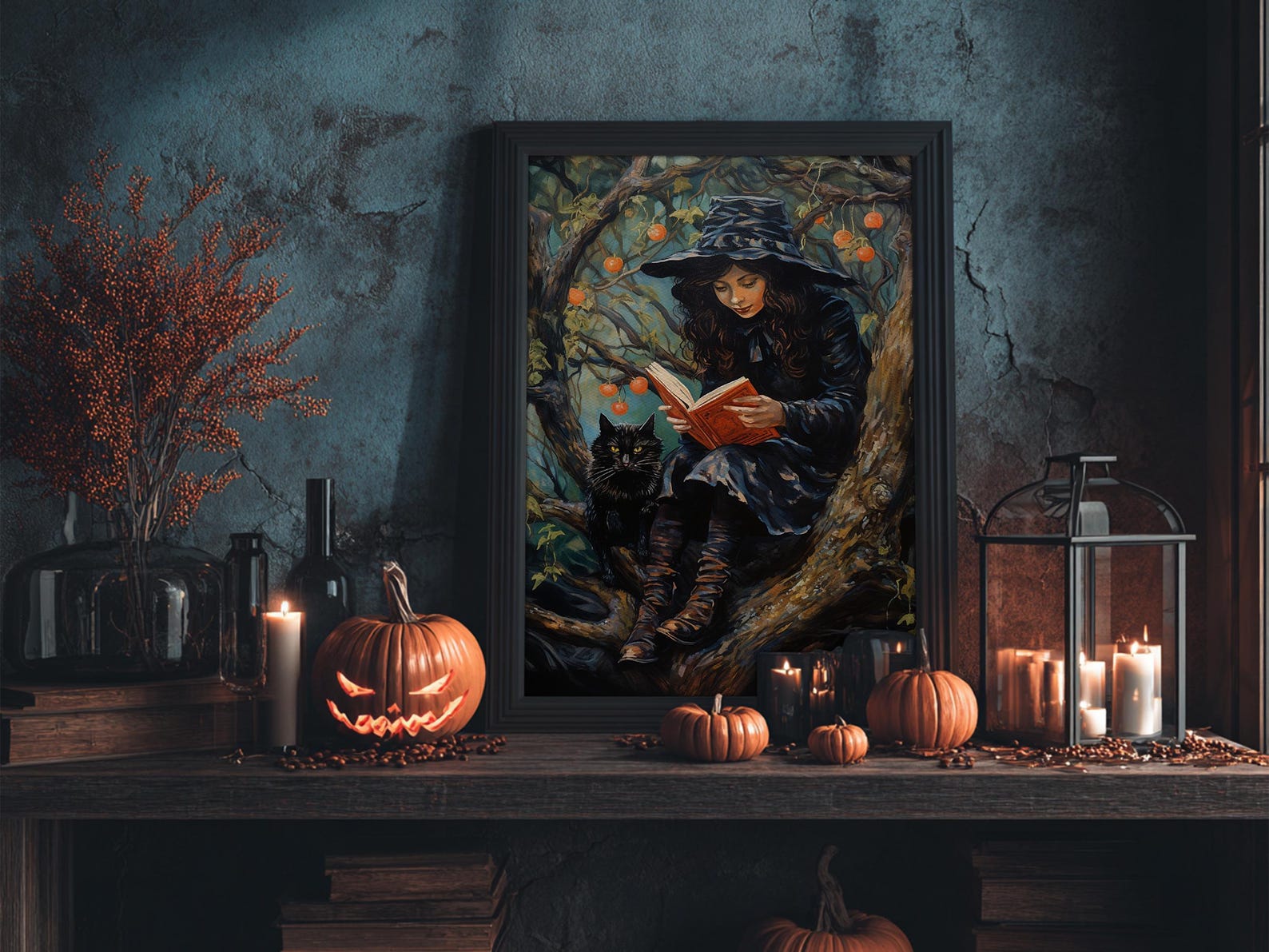 Cute Witch Reading Spells to Her Black Cat Familiar, Vintage Halloween ...