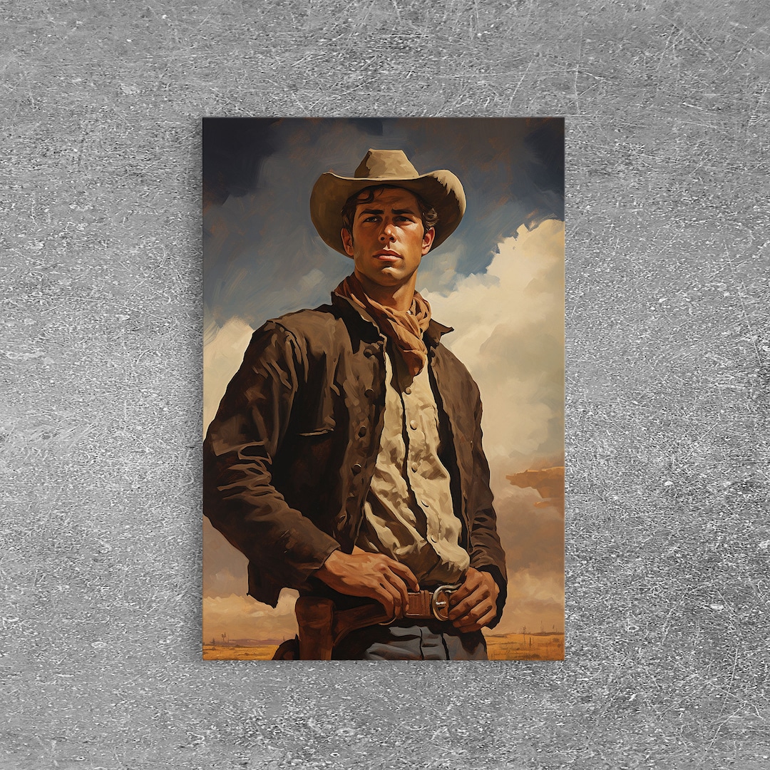 Handsome Cowboy Oil Painting Canvas Print, Vintage Western Cowboy Art ...