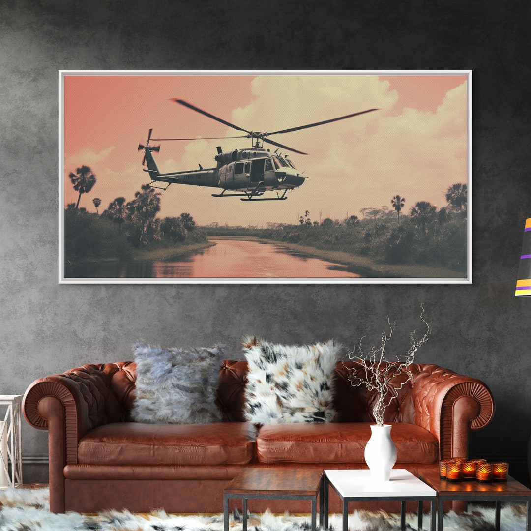 Vaporwave Huey Helicopter Over Vietnam, Framed Canvas Print, Military ...