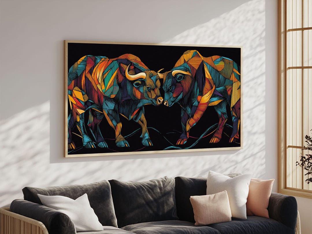 Vibrant Mosaic Bulls Canvas Print Colorful Geometric Wall Art Rustic ...