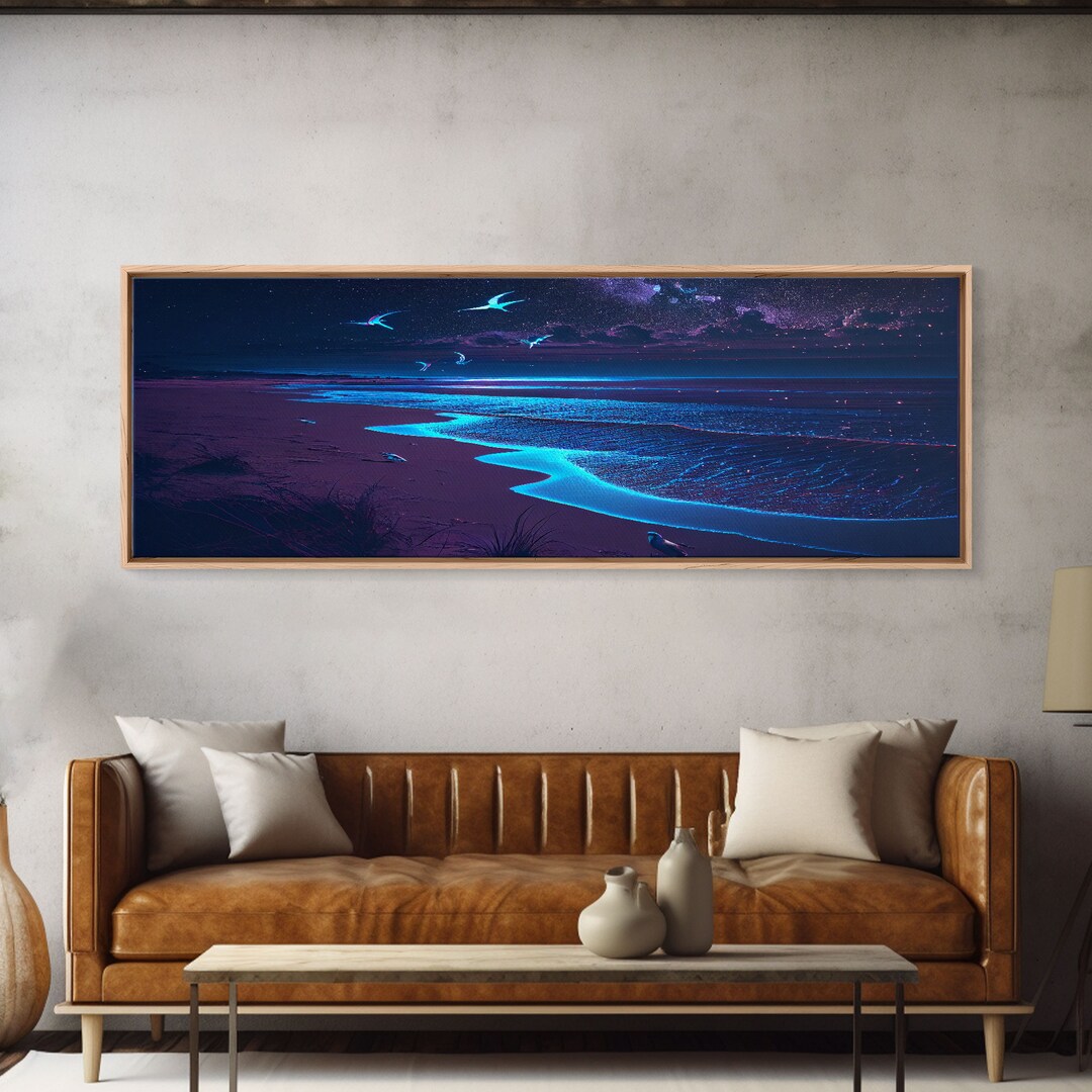 Night Moves, Retro Synthwave Beach Art, Framed Canvas Print, Starry ...