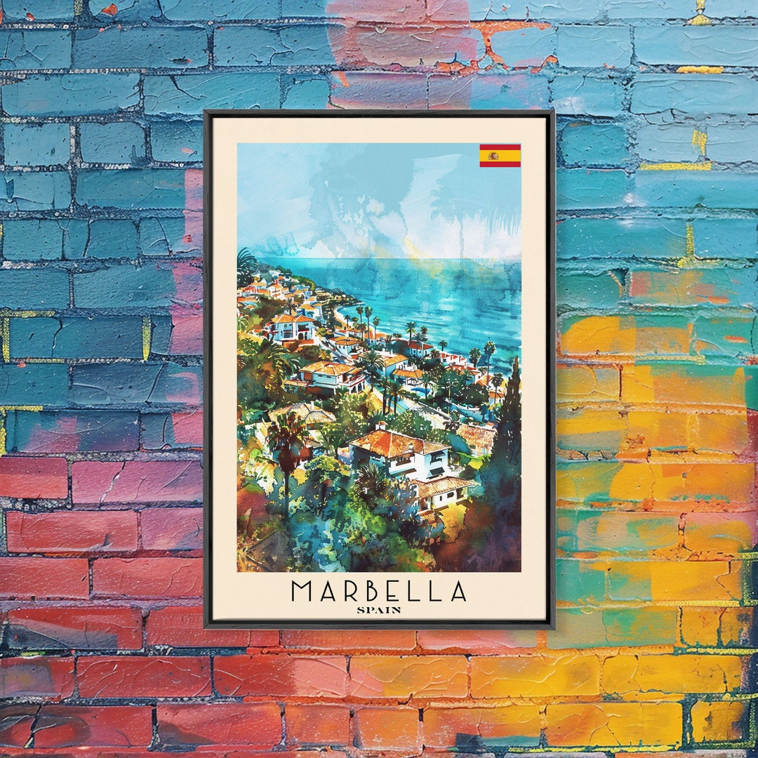Marbella Spain Travel Poster Framed Canvas Print, Coastal Cityscape ...