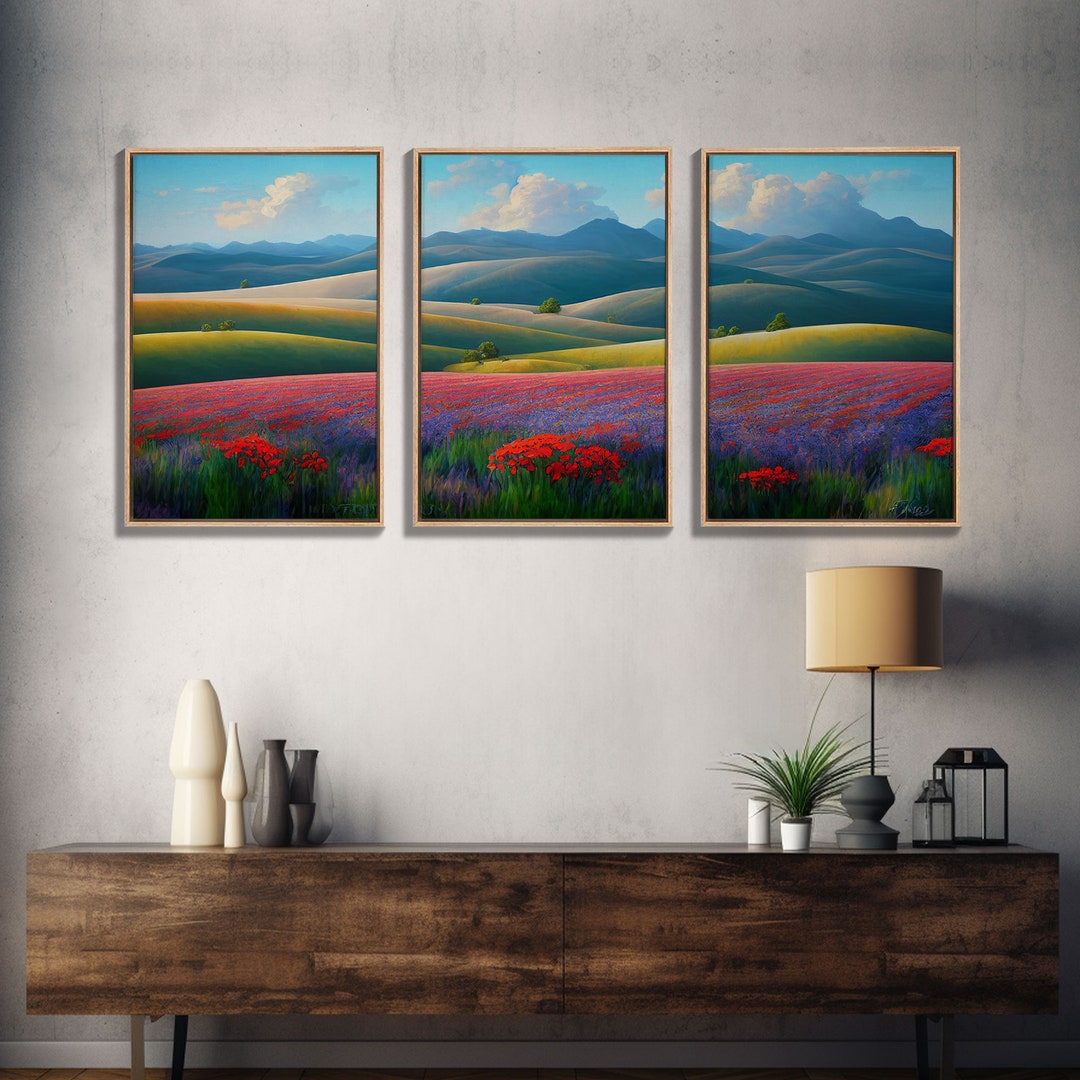 Colorful Rolling Hills Flower Fields Landscape Art 3 Piece - Etsy