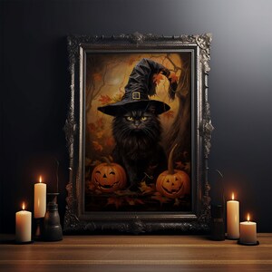 The Witch Cat With Her Jack O Lanterns, Framed Canvas Print, Dark ...