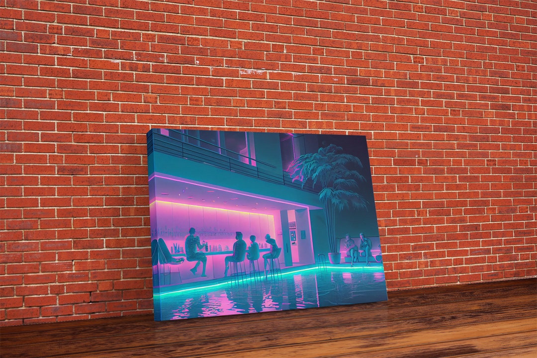 The Lounge - Vaporwave Bar Decor, Framed Canvas Print, Pastel Synthwave ...