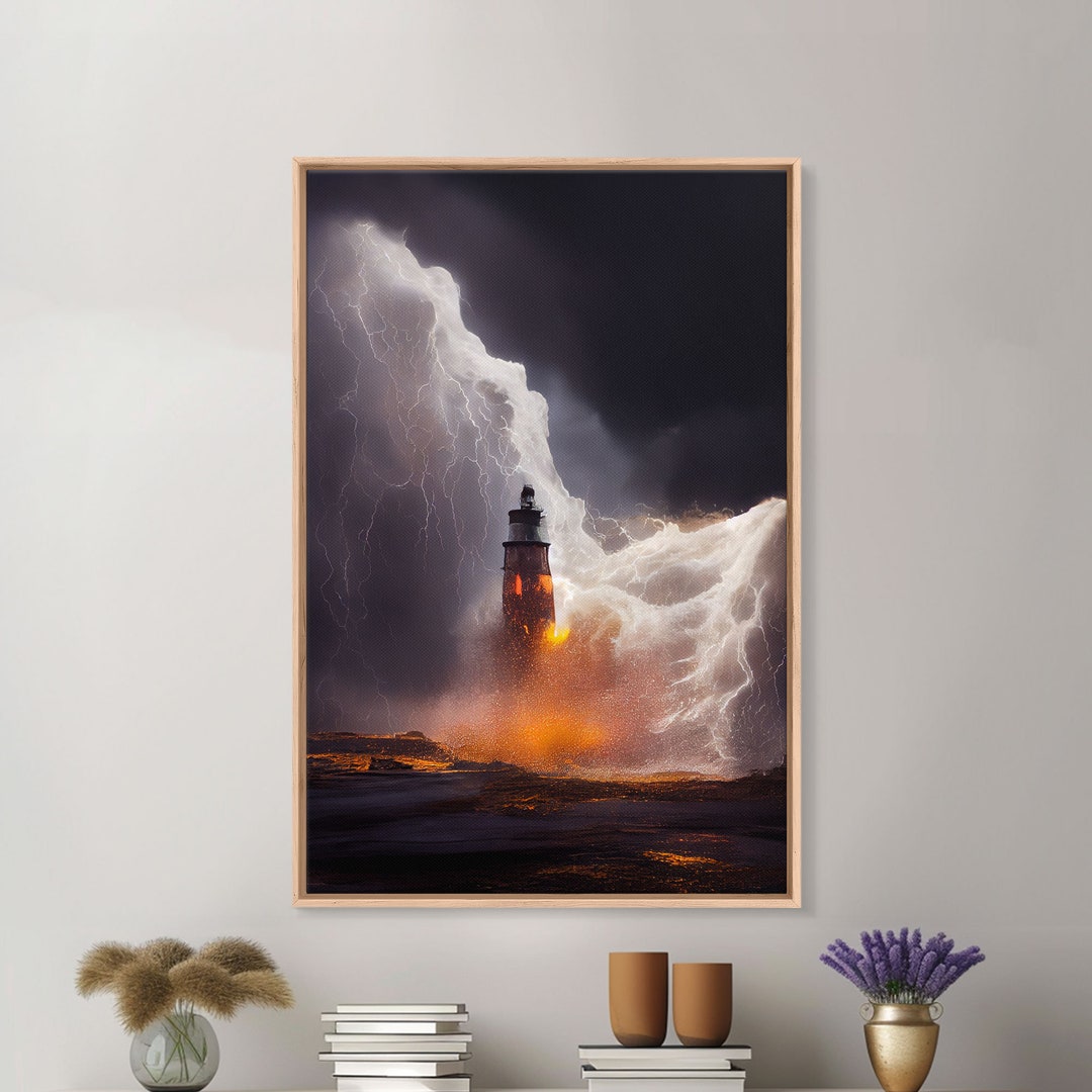Lightning Striking a Burning Lighthouse, Canvas Print, Oil Painting ...