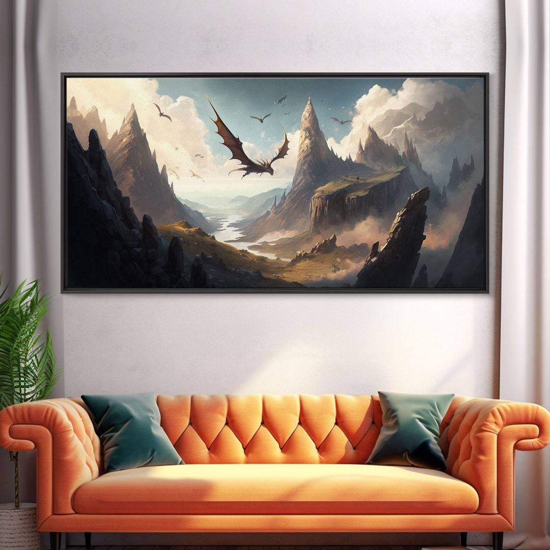 Dragons in Flight Over a Valley, Fantasy Art, Framed Canvas Print ...