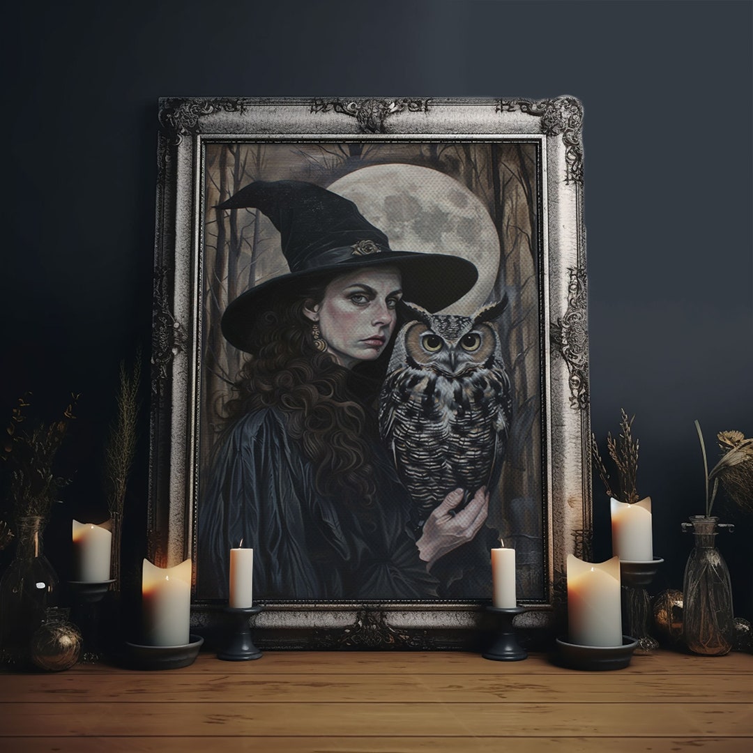 Witch With Wise Owl Under Full Moon, Framed Canvas Print, Mystical ...