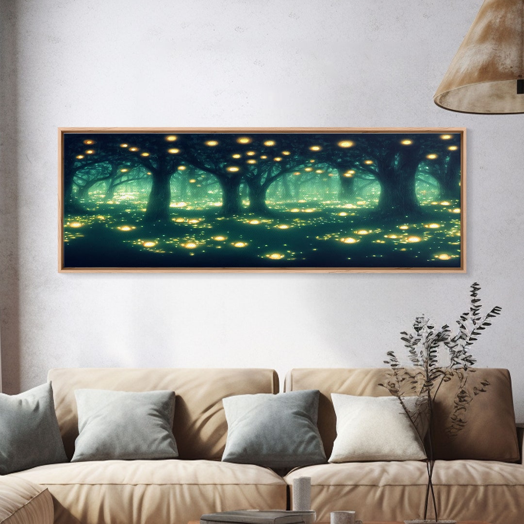 Fantasy Forest at Night With Fireflies, Extra Large Wall Art, Framed ...