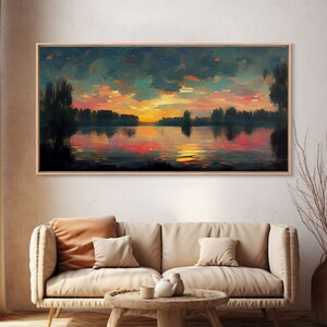 Lakehouse Canvas Print, Watercolor Painting of a Sunset Reflected on a ...