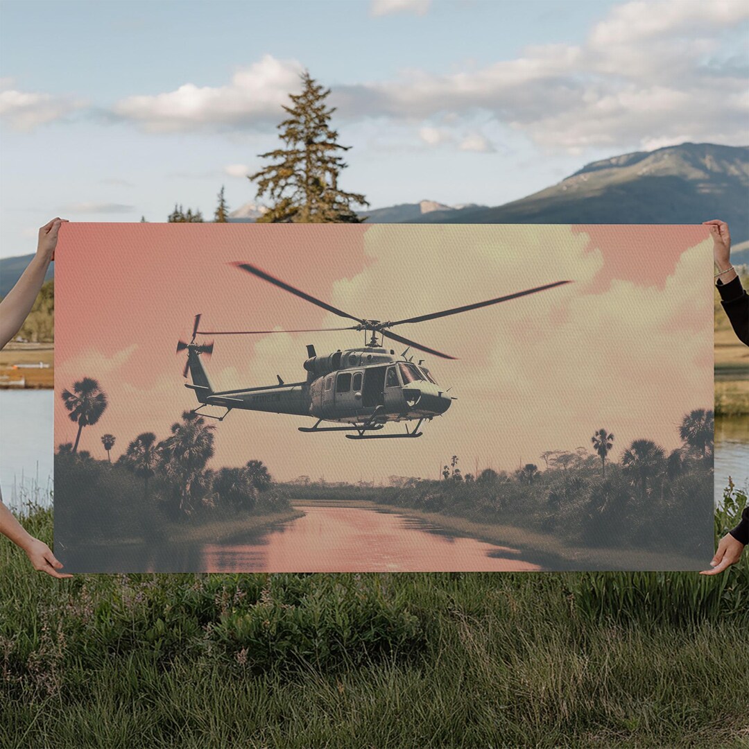 Vaporwave Huey Helicopter Over Vietnam, Framed Canvas Print, Military ...
