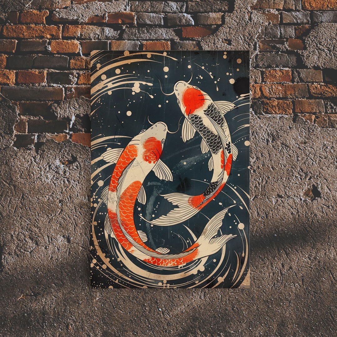 Japanese Koi Pond Wall Art, Framed Canvas Print, Woodblock Art Print ...