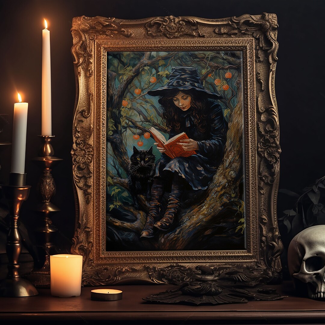 Cute Witch Reading Spells to Her Black Cat Familiar, Vintage Halloween ...