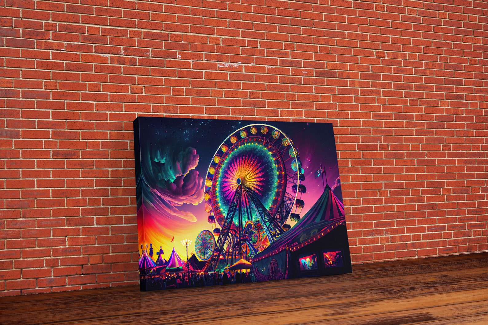 Synthwave Ferris Wheel Watercolor Art Framed Canvas Print - Etsy