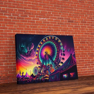 Synthwave Ferris Wheel Watercolor Art, Framed Canvas Print, Colorful ...