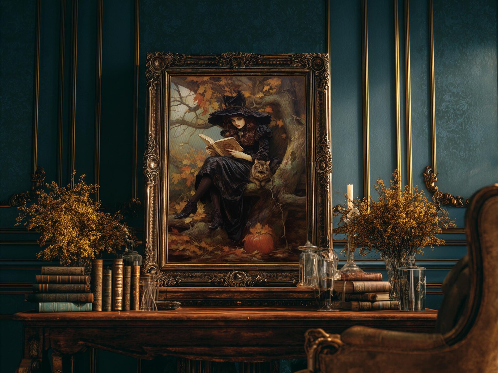 Pretty Witch Reading Spells to Her Black Cat Familiar, Vintage ...