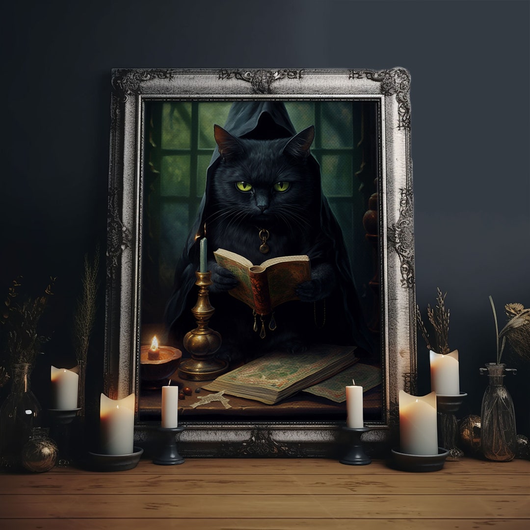 Black Cat Witch's Familiar Casting Spells, Spellbook, Framed Canvas ...