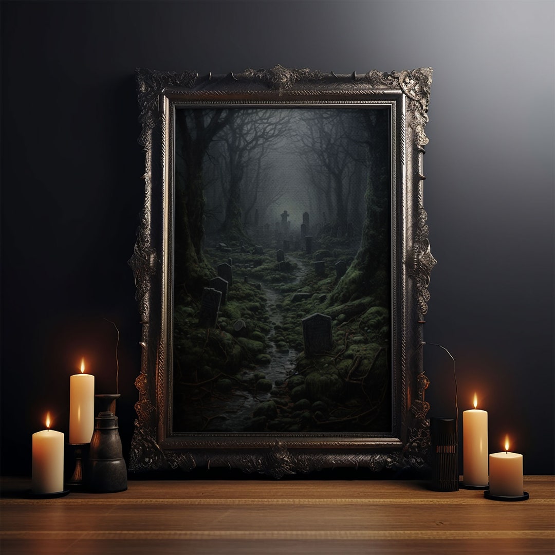 Haunted Cemetery, Macabre Halloween Art, Dark Arts, Framed Canvas Print ...