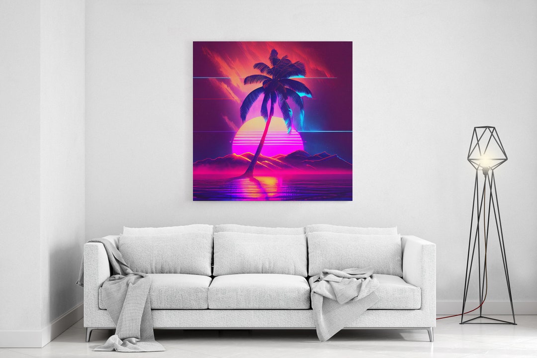 Neon Full Moon, Outrun Style Tropical Art, Pop Art Sunset, Framed ...
