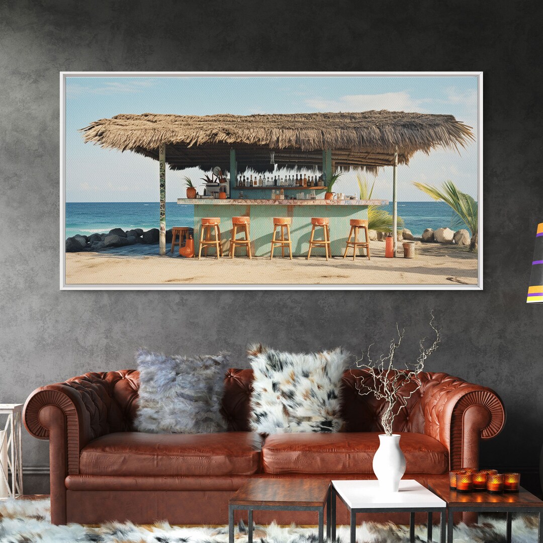 Beachside Tiki Hut Bar and Grill, Framed Canvas Print, Liminal Art ...