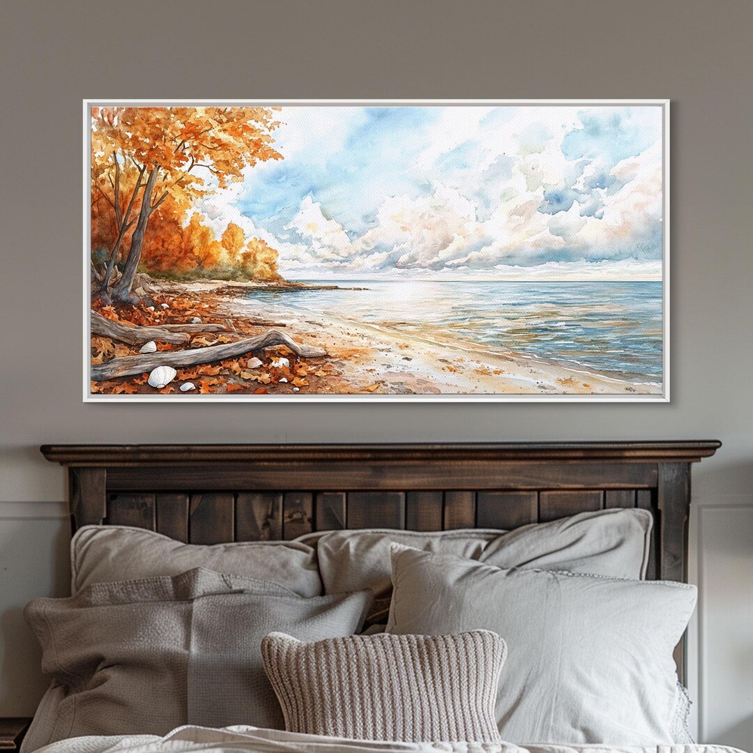 Autumn Beach Scene With Colorful Trees and Calm Waters, Framed Canvas ...