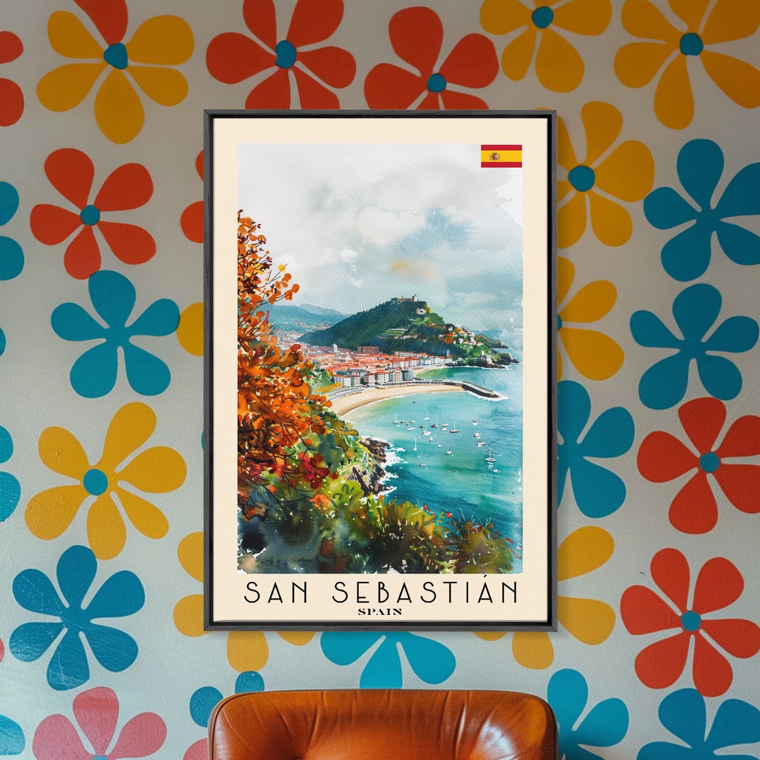 San Sebastian Spain Travel Poster Framed Canvas Print, Watercolor ...