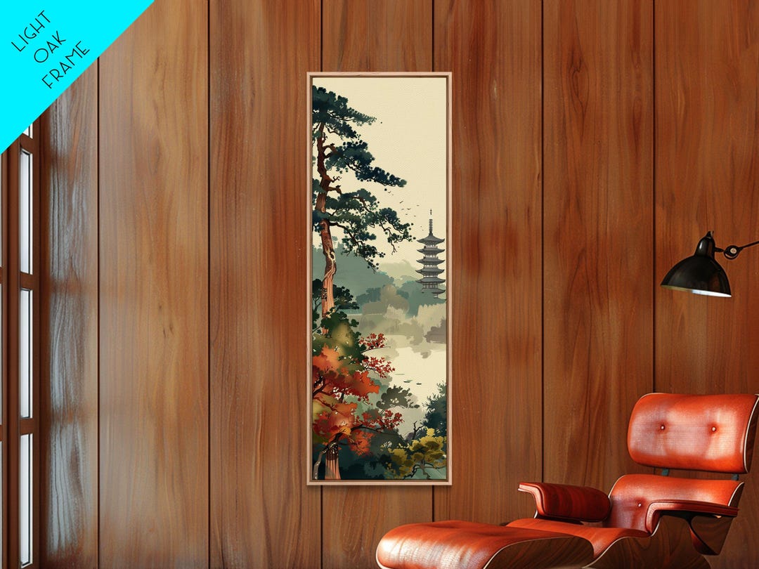 Pagoda and Pine Tree in Misty Landscape Skinny Art Wood Block Print ...