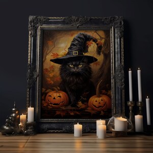 The Witch Cat With Her Jack O Lanterns, Framed Canvas Print, Dark ...