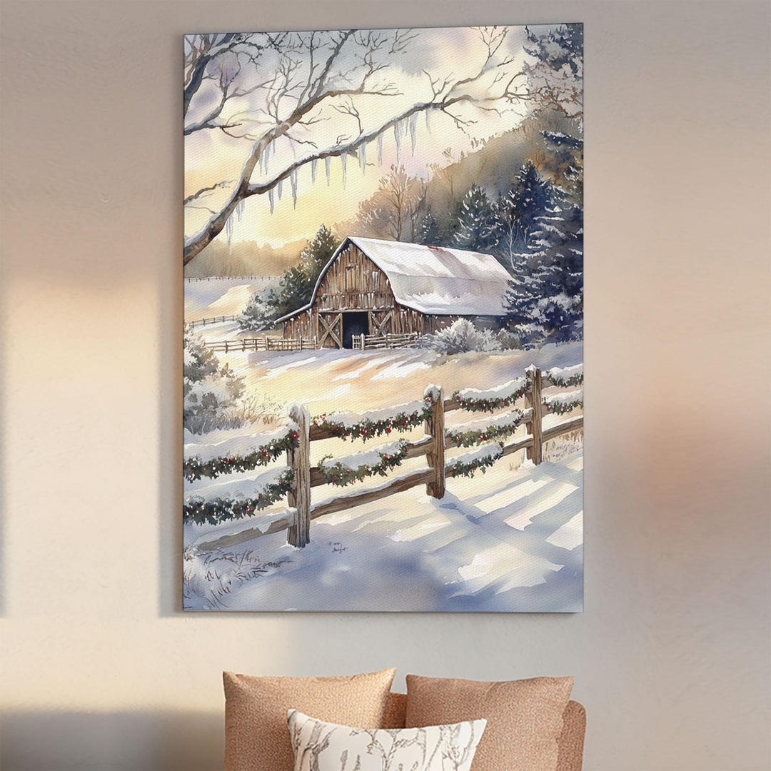 Winter Barn Painting Framed Canvas Print, Xmas Wall Art, Xmas Gift ...