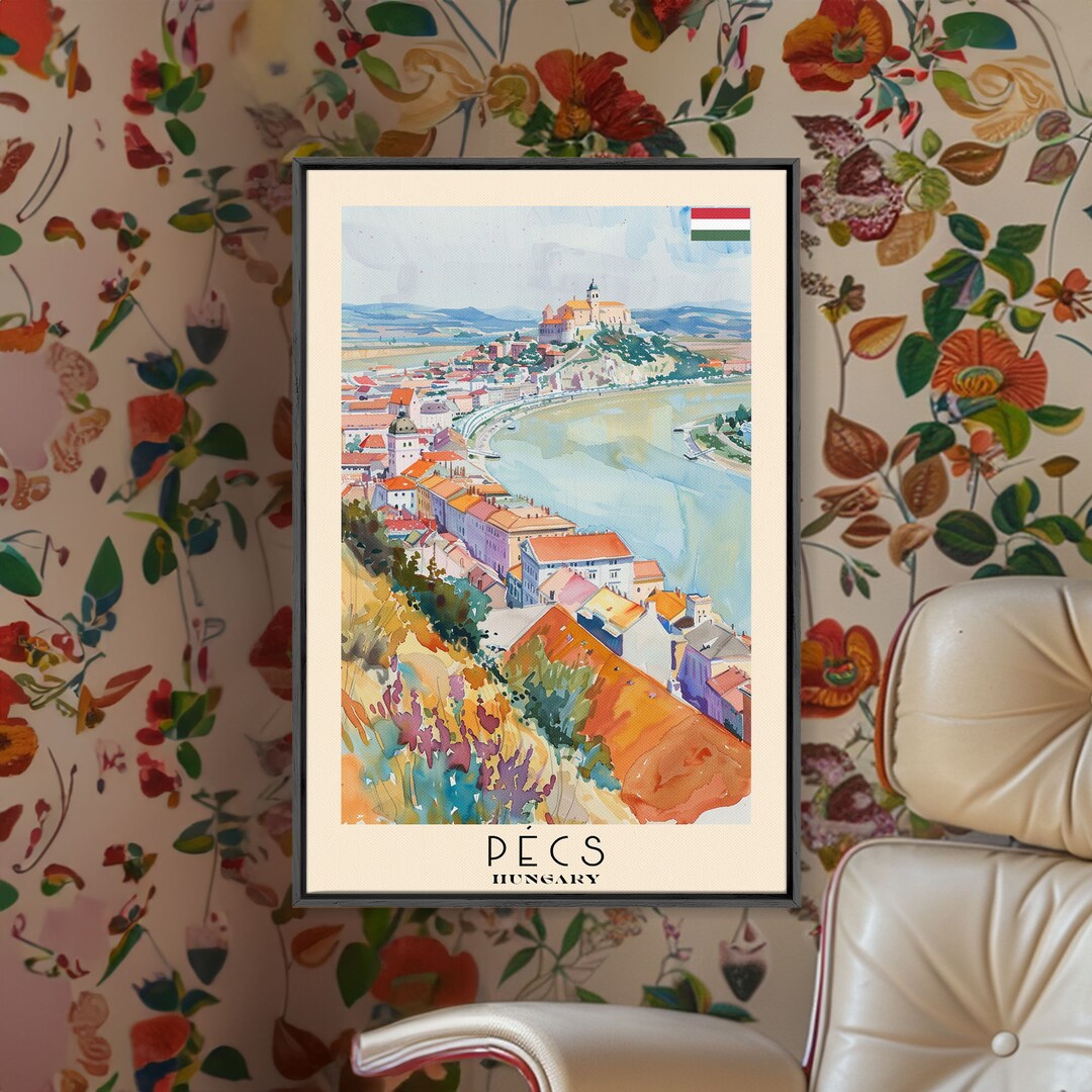 Pecs Hungary Travel Poster Framed Canvas Print, Watercolor Painting ...