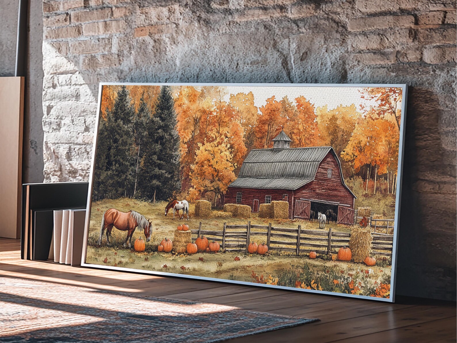Autumn Barn Pumpkin Horses Canvas Print Farmhouse Fall Decor Seasonal ...