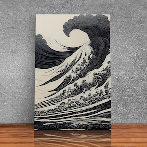 Black and White Tsunami Waves, Japanese Style Art, Framed Canvas Print ...