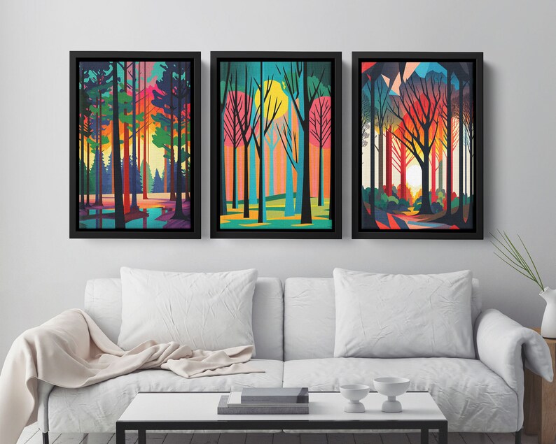 Retro Pine Tree Forest in the Fall 3 Piece Canvas 3 Panel - Etsy