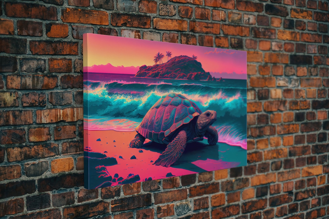 Sea Turtle Fighting the Waves, Framed Canvas Art, Synthwave, Vaporwave ...