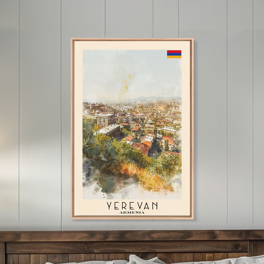 Yerevan Armenia Travel Poster Framed Canvas Print, Watercolor Painting ...
