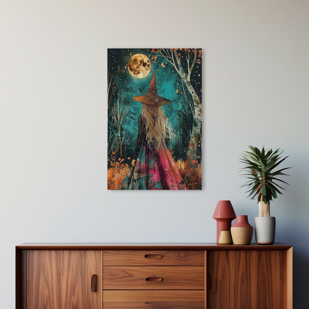 Wild Flower Springtime Witch Under A Full Moon, Framed Canvas Print ...