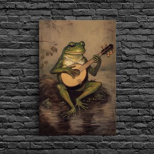 The Banjo Toad, Frog Playing A Banjo in the Moonlight, Vintage Canvas ...