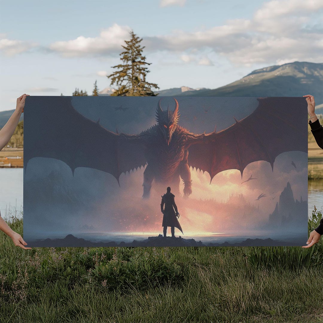 Warrior Facing Down a Dragon, Framed Canvas Print, Unique Fantasy Wall ...